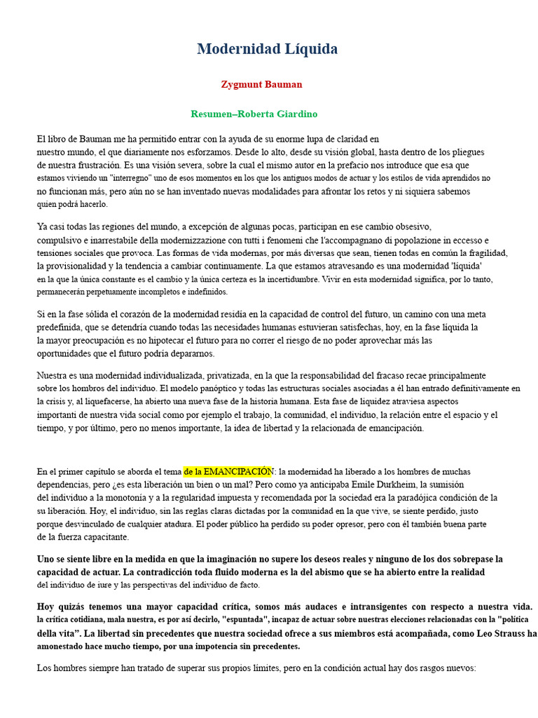 Resumen Modernidad Liquida Zygmunt Bauman | PDF | Capitalismo | Modernidad