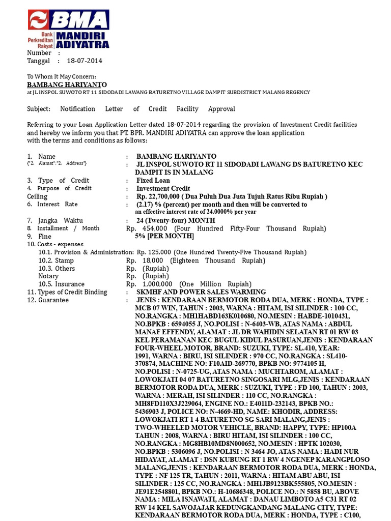 Letter of Notification of Loan Facility Approval | PDF | Indonesian ...