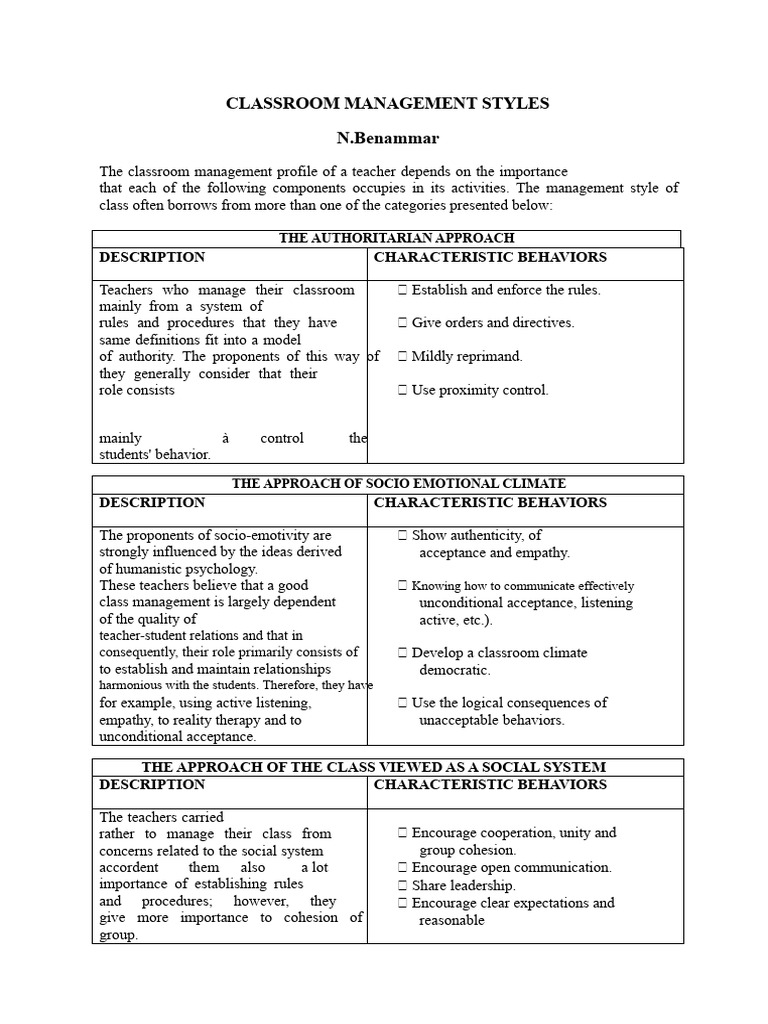 Classroom Management Styles | PDF | Classroom Management ...