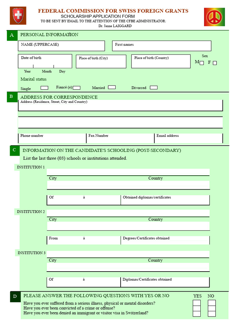 Swiss Foreign Grants Scholarship Form | PDF | Travel Visa | Switzerland