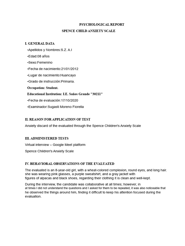 Psychological Report Spence Child Anxiety Scale | PDF