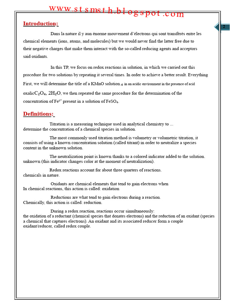 Chemistry Lab Report on Redox Titration | PDF | Titration | Chemistry