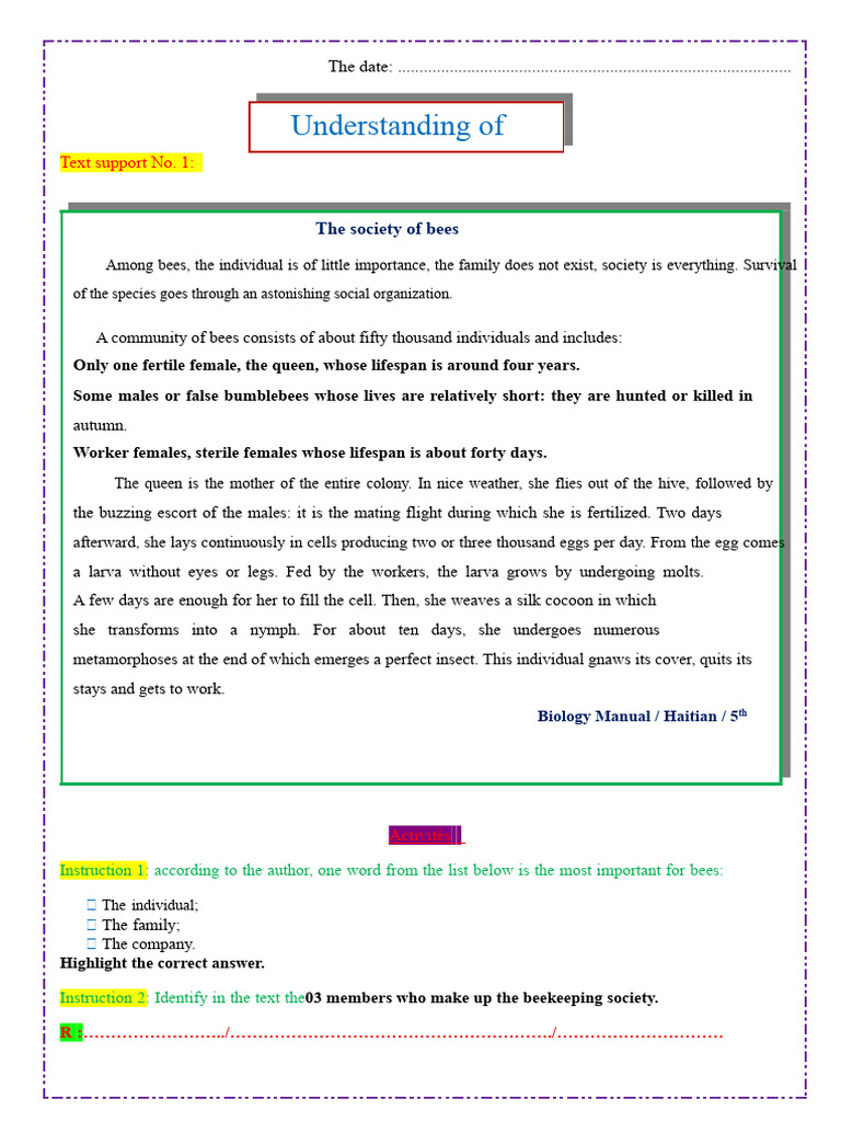 comprehension sheet of the written text The society of bees.docx | PDF ...