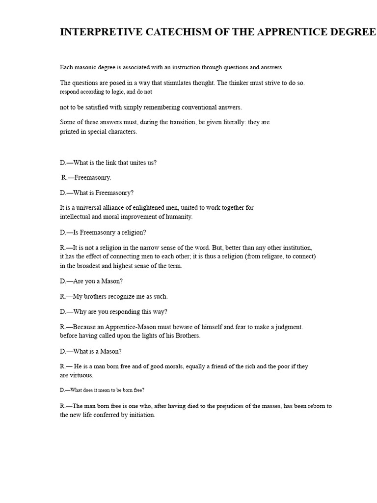 Apprentice Degree Masonic Catechism Guide | PDF | Freemasonry | Masonic ...