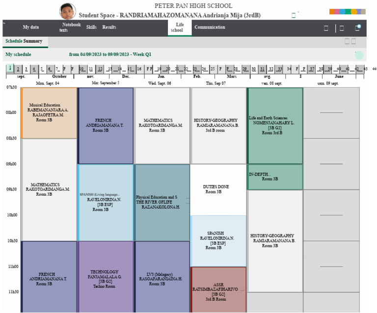 PETER PAN HIGH SCHOOL - PRONOTE - Student Space - Schedule... | PDF