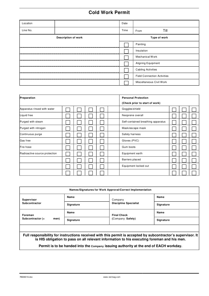 Permiso de Trabajo en Frío - Cold Work Permit