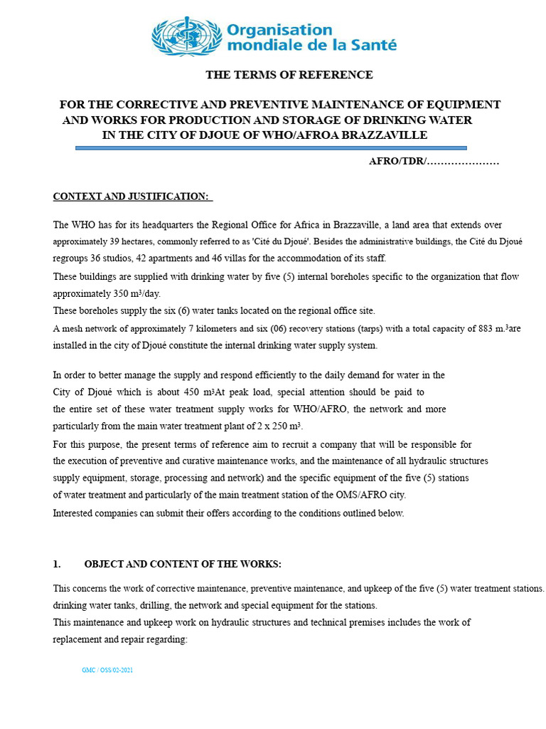 The Terms of Reference for the Maintenance of Works (1) | PDF | Pump | Hydraulics