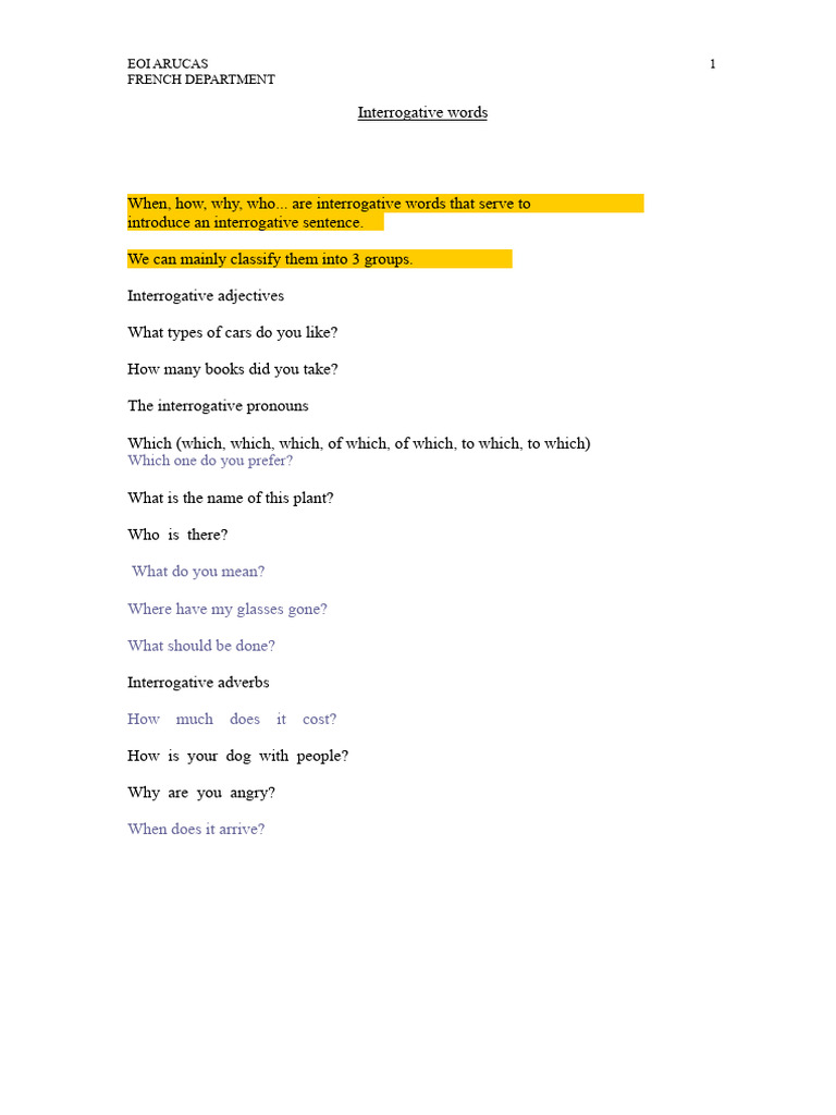 EXERCISES ON INTERROGATIVE WORDS.pdf | PDF | Question | Grammatical Number