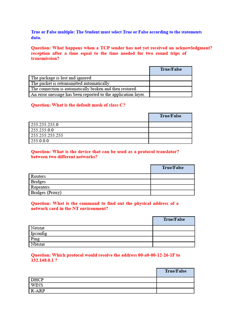 True or False Networking Quiz | PDF | Computer Network | Network ...
