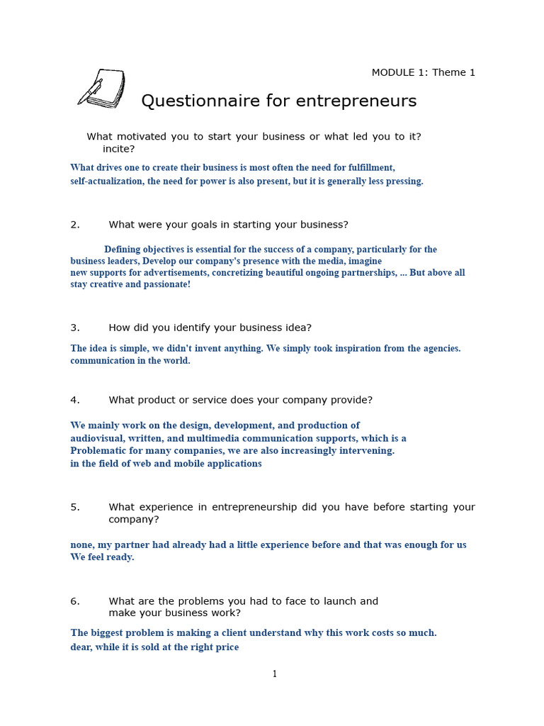 Questionnaire For Entrepreneurs | PDF | Entrepreneurship | Business