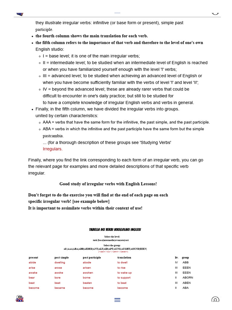 Irregular English Verbs - The Table With The Complete List! PDF | PDF ...