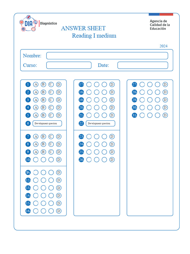 2024 Reading I Medium Answer Sheet | PDF