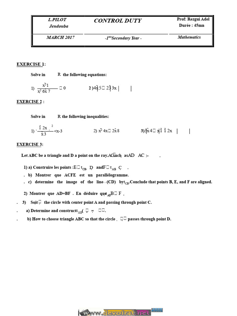 Control Assignment No. 3 Pilot High School - Math - 1st AS (2016-2017 ...