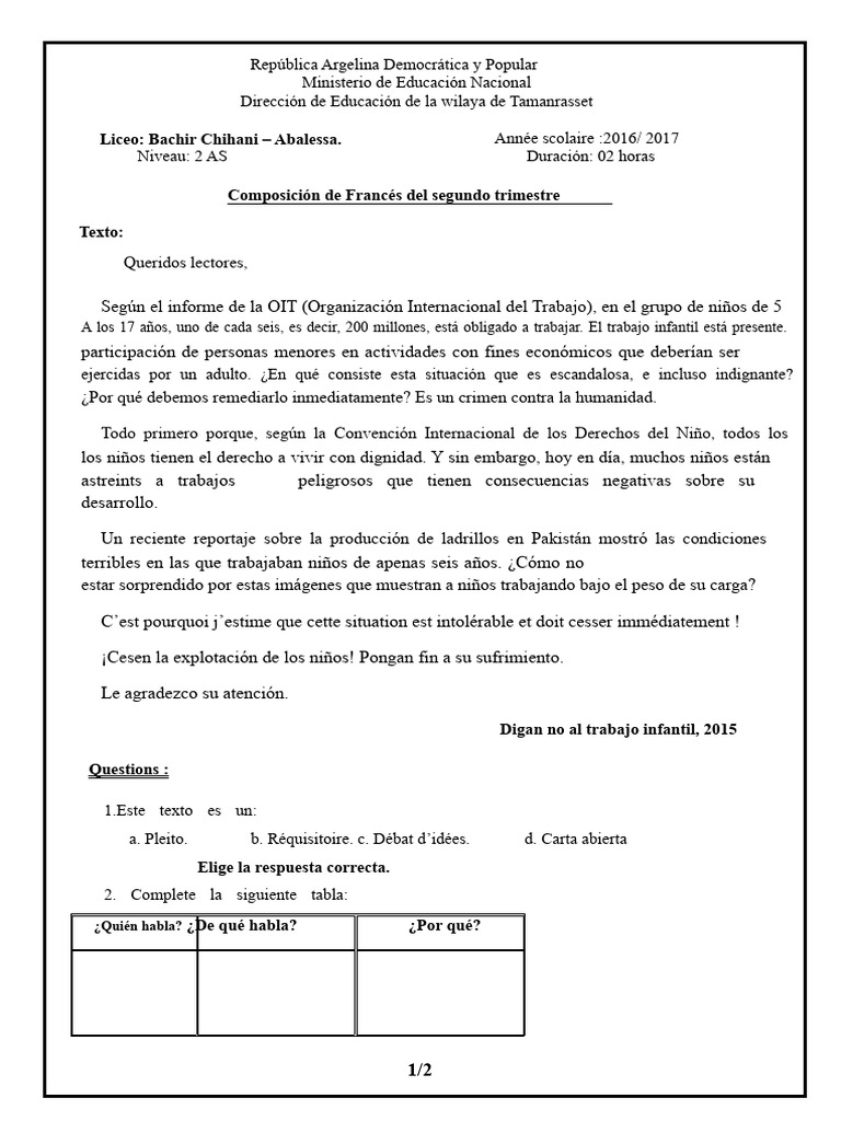 Examen Corregido Francés SC 2as (2017-2) Trimestre 2 | PDF | Trabajo ...