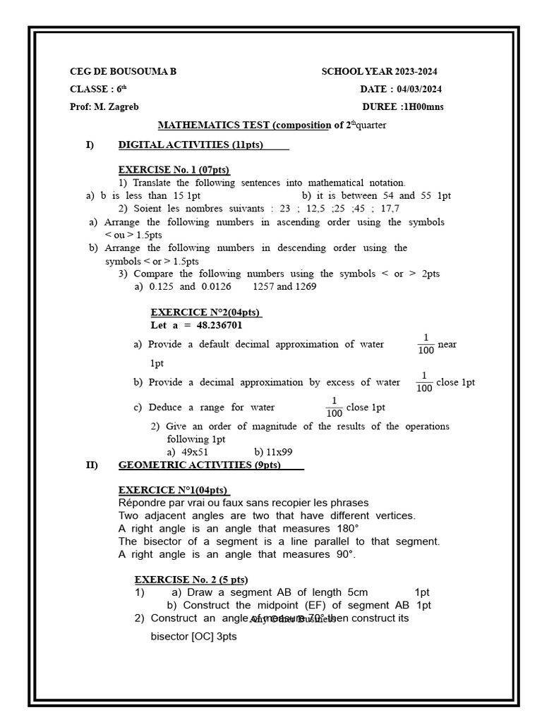 Math Composition 6th Grade (2nd Term) | PDF | Angle | Elementary ...
