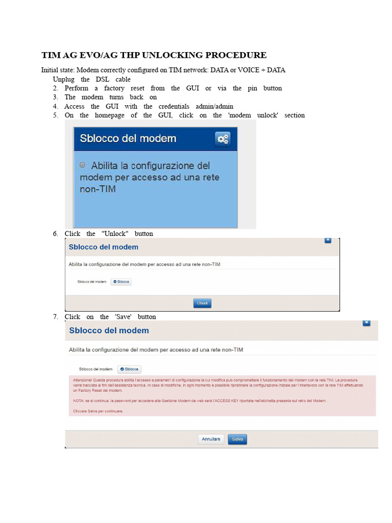 Modem Unlocking Procedure TIM - AGEVO - AGTHP PDF | PDF