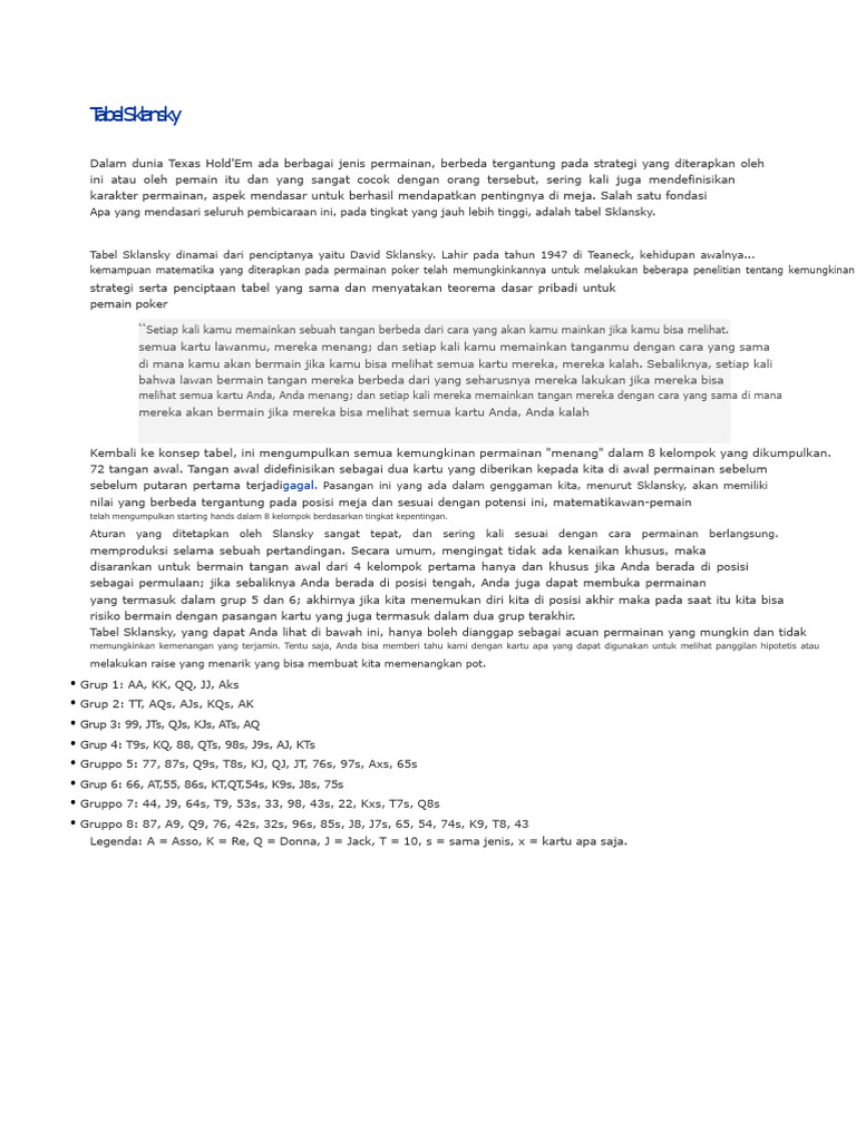 Tabel Sklansky untuk Strategi Poker Texas | PDF