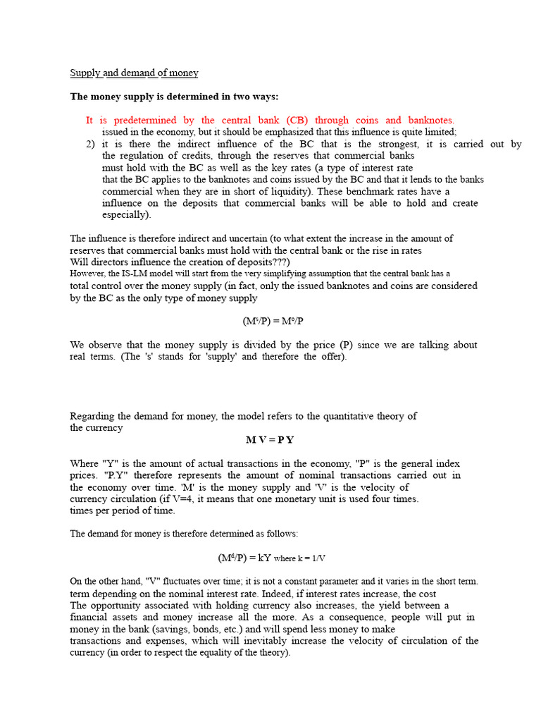 Supply and Demand For Money | PDF | Demand For Money | Money