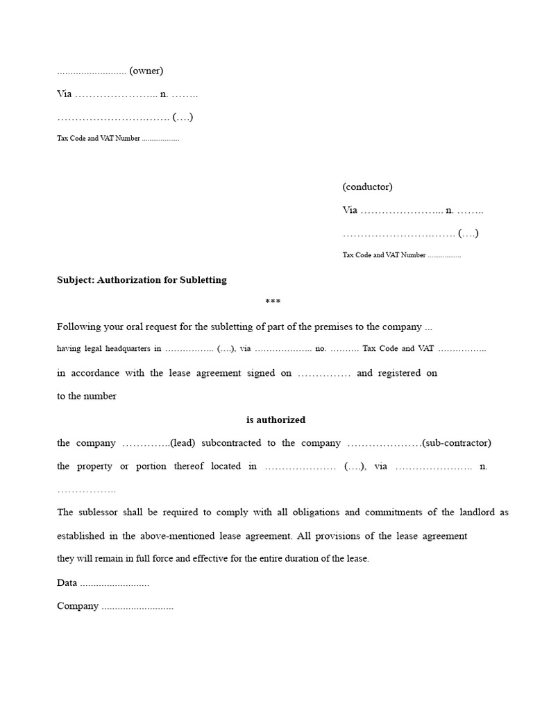 Authorization for Subletting Agreement | PDF