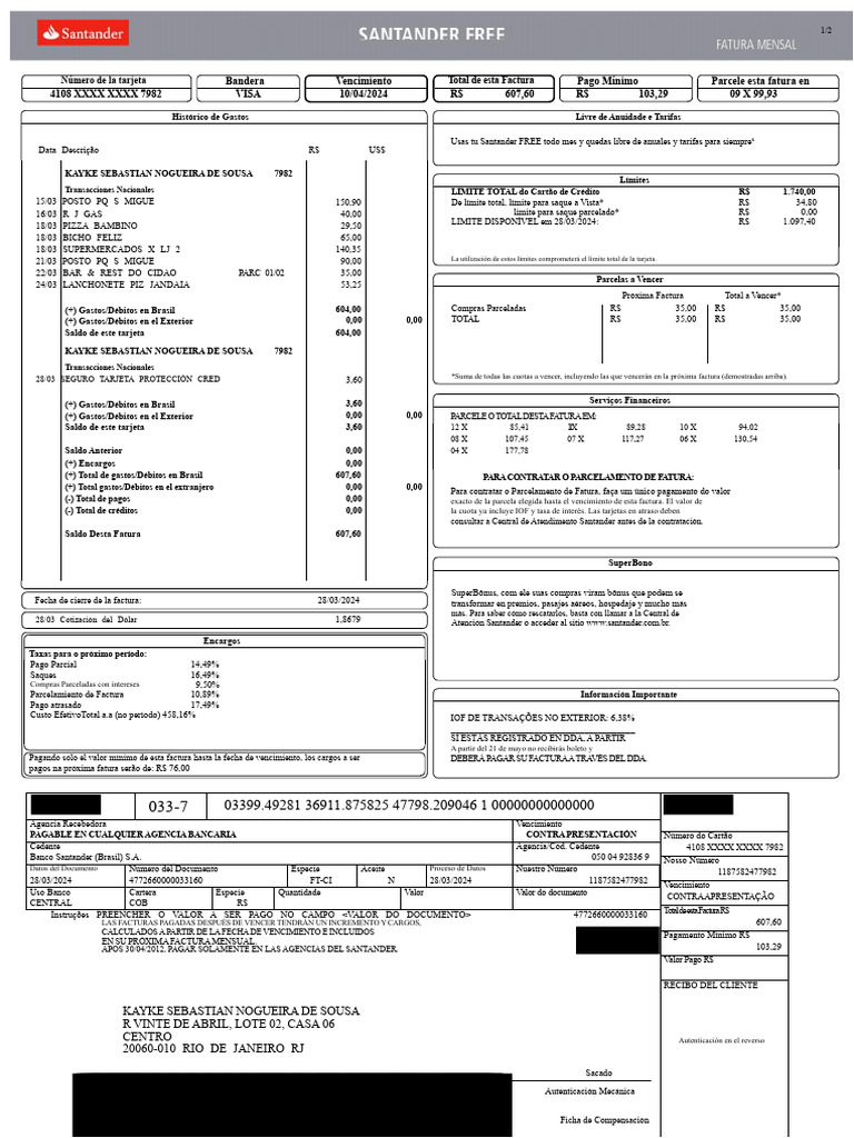 Factura Santander Kayke | PDF | Servicios financieros minoristas | Crédito