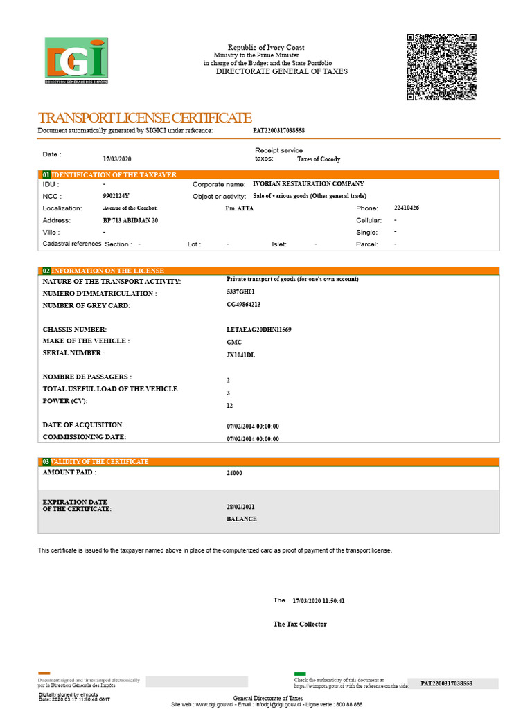 Ivory Coast Transport License Certificate | PDF | Government Finances ...