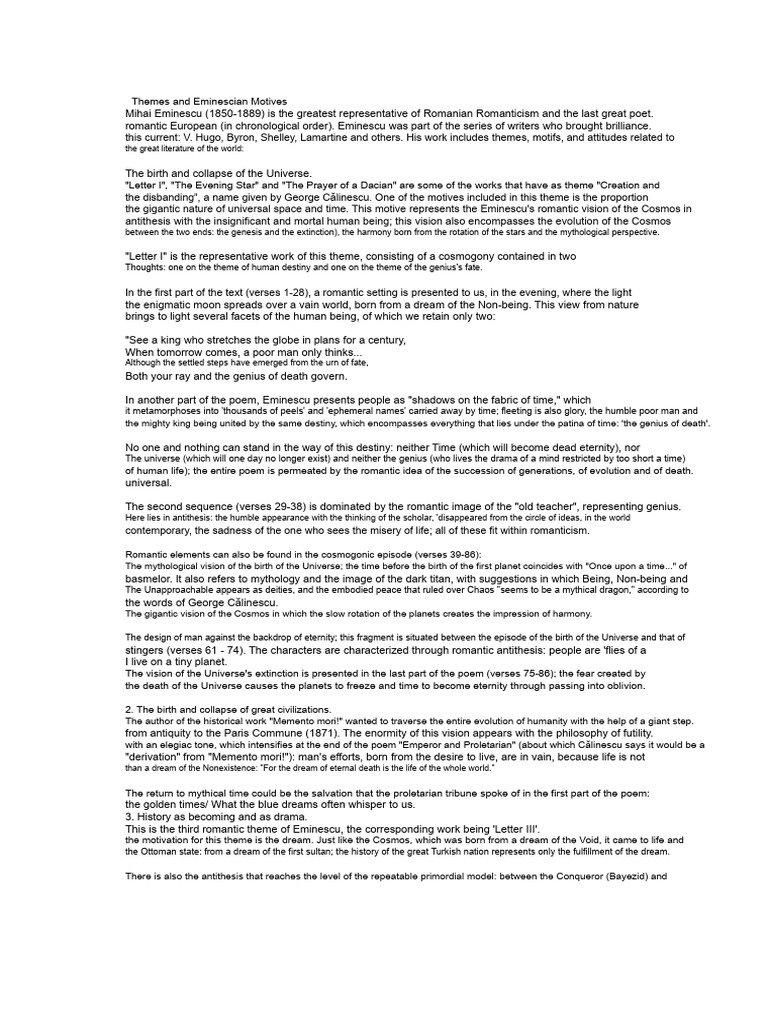 Eminescu's Themes and Motives | PDF | Romanticism | Love