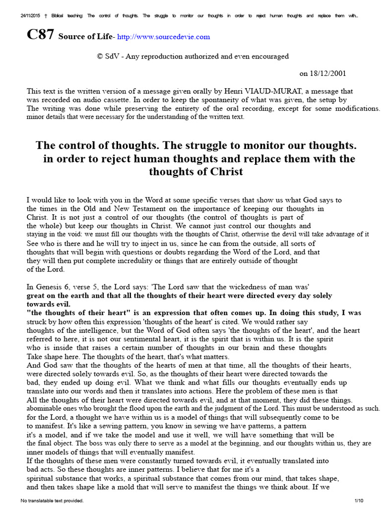 Biblical Teaching - The Control of Thoughts PDF | PDF | Prayer | Jesus