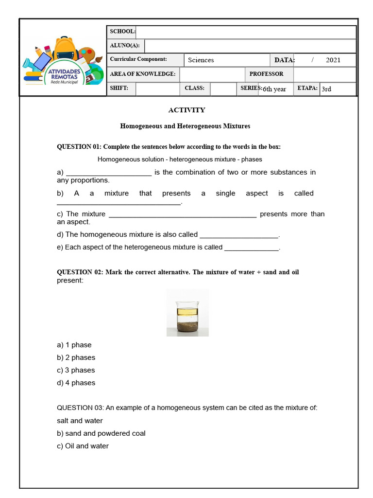 Activity Homogeneous and Heterogeneous Mixtures | PDF