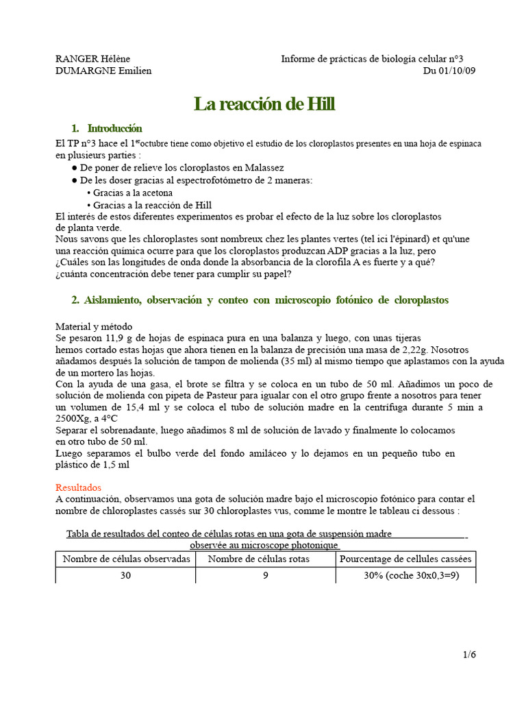 La Reacción de Hill Informe de Laboratorio de Biología Celular 3 | PDF ...