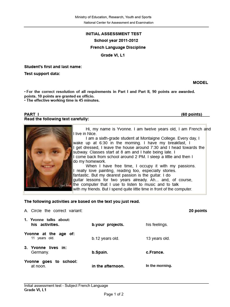 Grade VI French Language Assessment Test | PDF