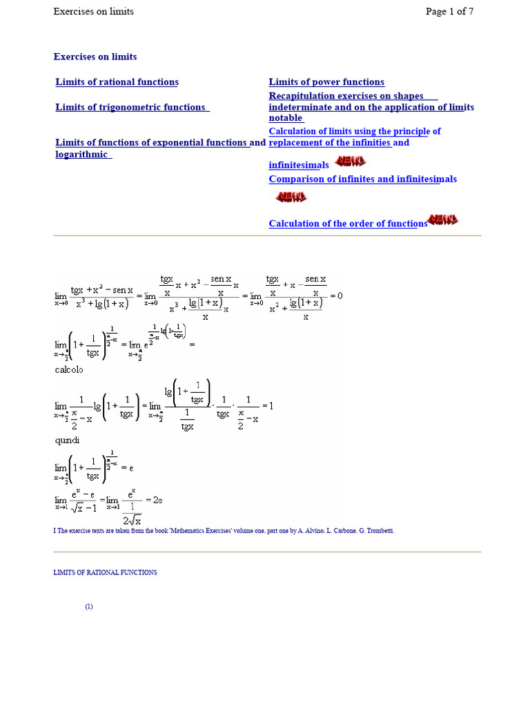 (Mathematical Analysis I) Solved Exercises on Limits (Alvino Trombetti).pdf | PDF