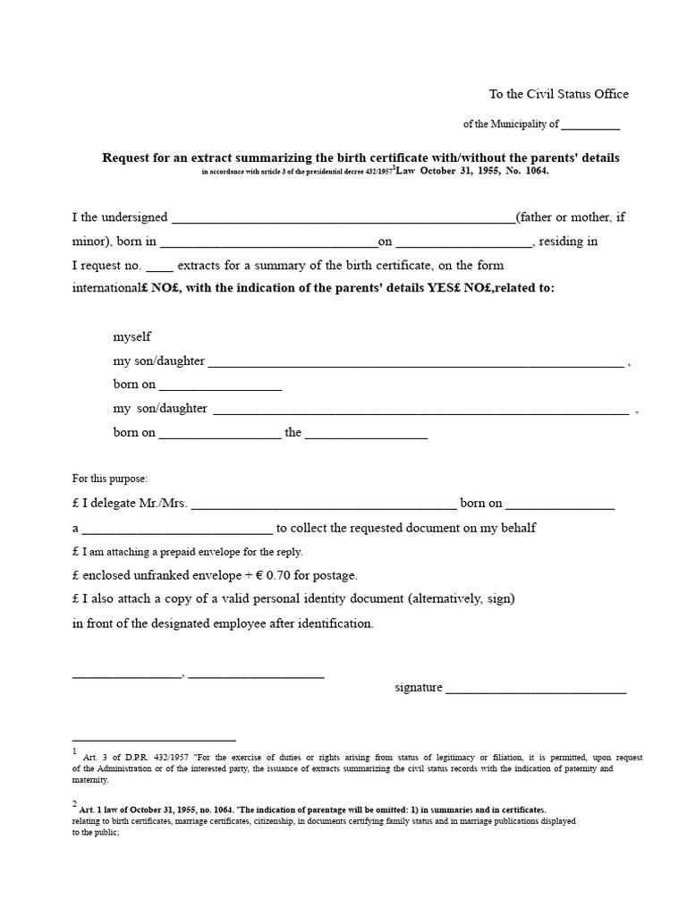 Request For Birth Extract With Personal Information | PDF | Birth ...