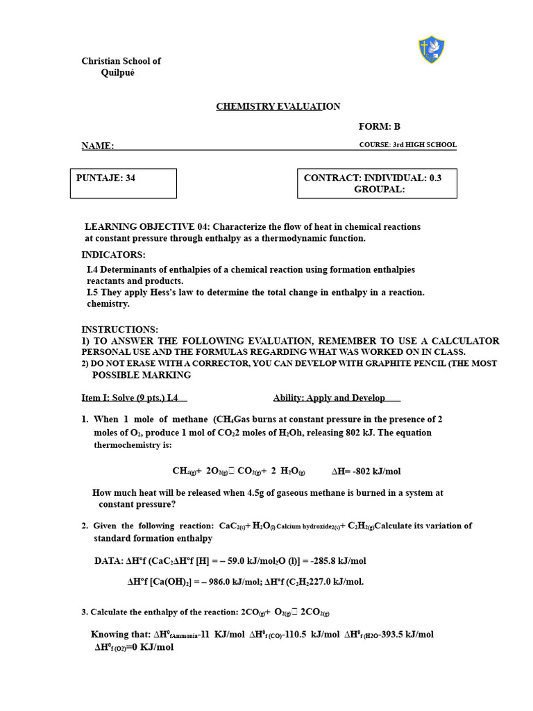 Enthalpy Test 3rd Year High School Row B | PDF | Chemical Reactions ...
