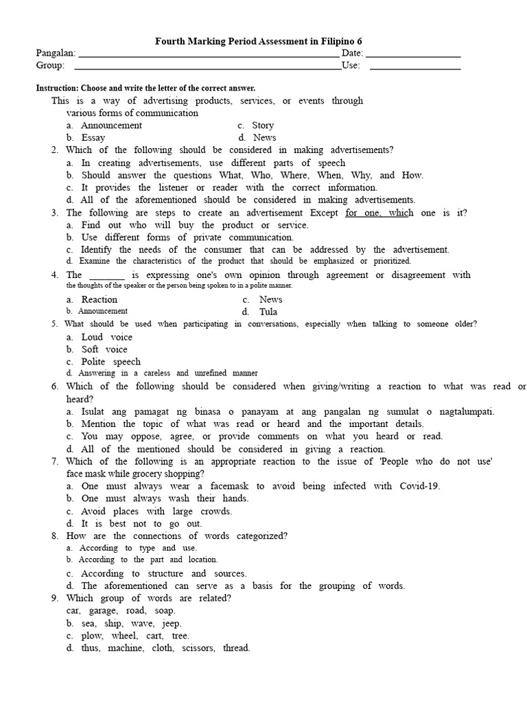 Filipino 6 Fourth Marking Period Assessment | PDF | Volume | Probability