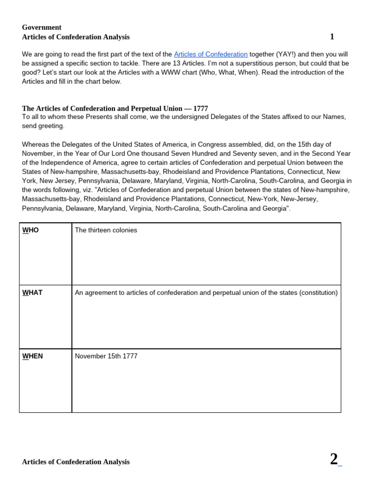 Articles of Confederation Analysis Activity | PDF | Legal Documents ...