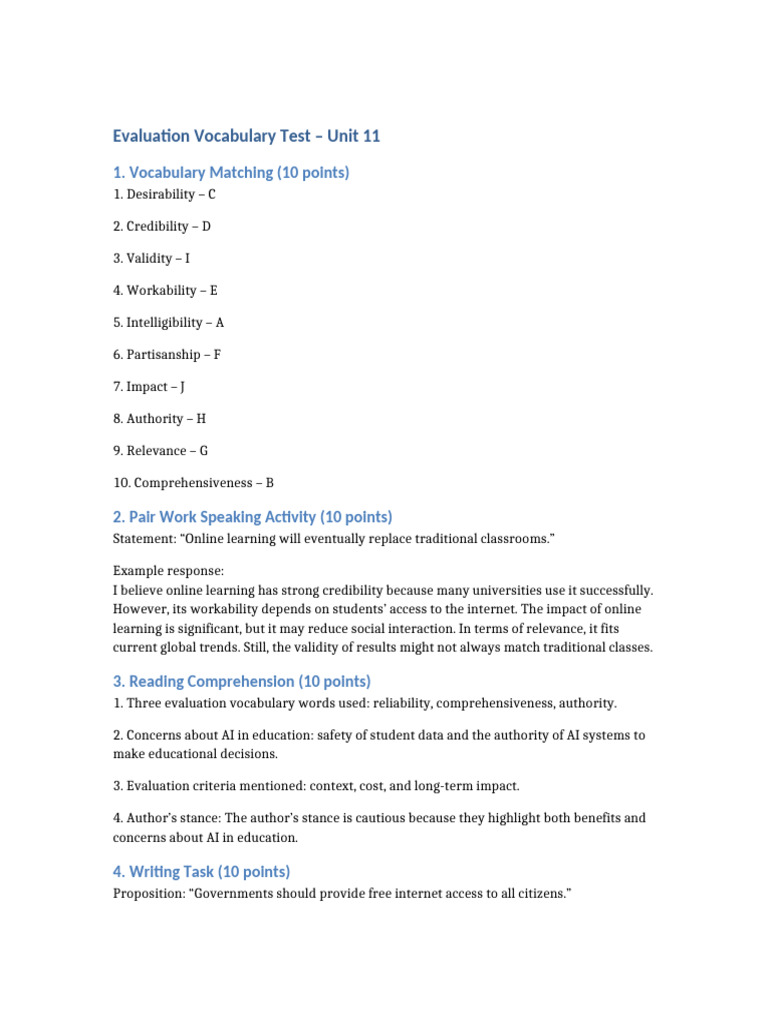 Evaluation Vocabulary Test Unit 11 Answers | PDF