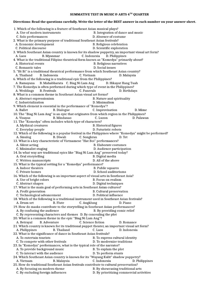 Southeast Asian Arts & Music Test | PDF | Southeast Asia | Performing Arts