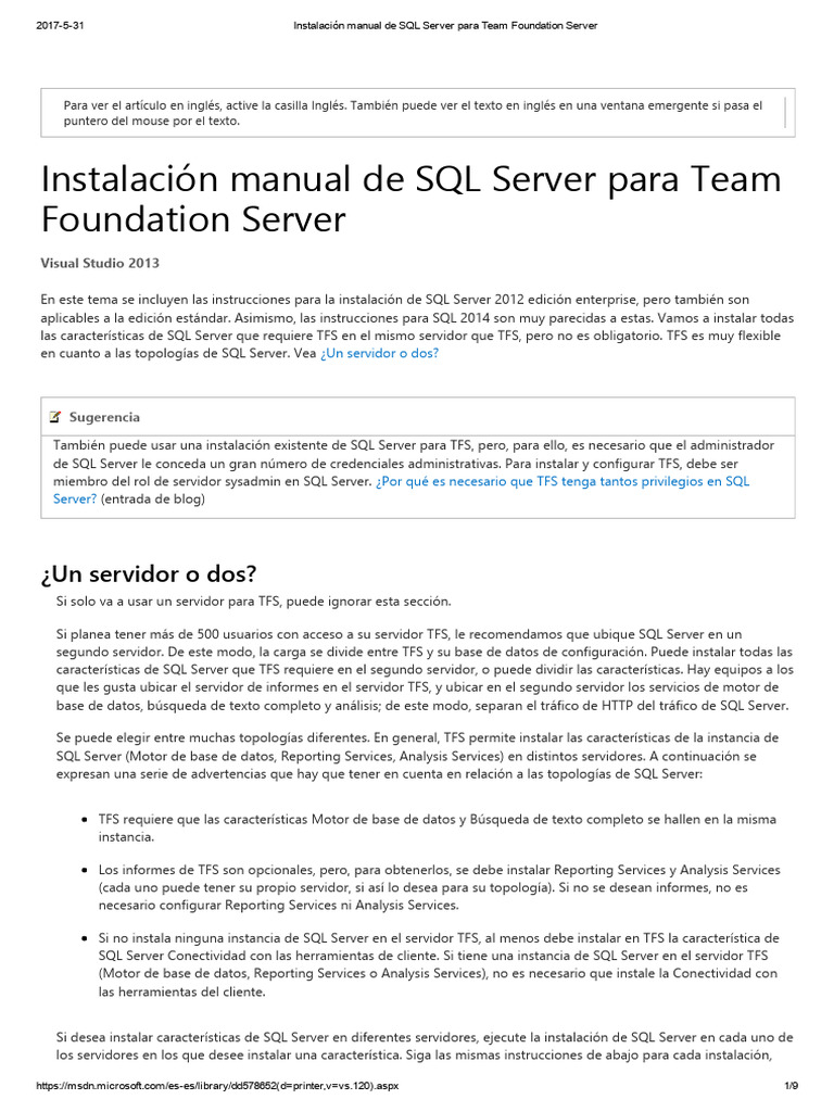 Instalación Manual de SQL Server Para Team Foundation Server | PDF | Servidor SQL de Microsoft ...