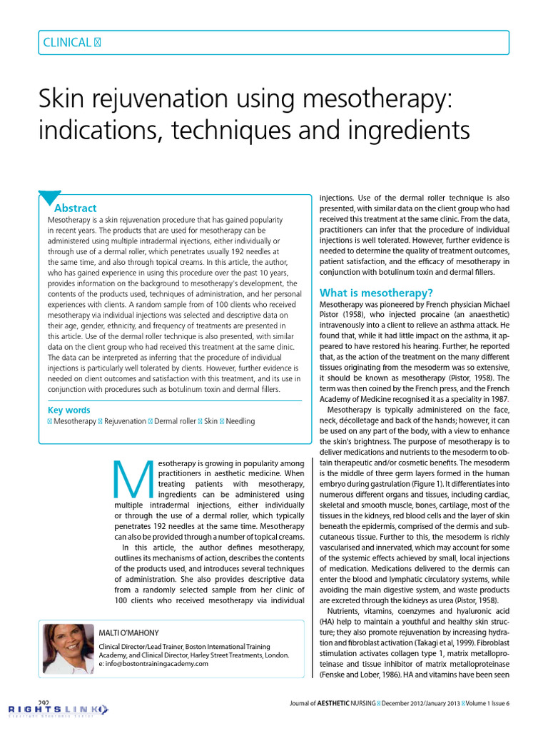 Mesotherapy: Techniques and Benefits | PDF | Injection (Medicine) | Skin