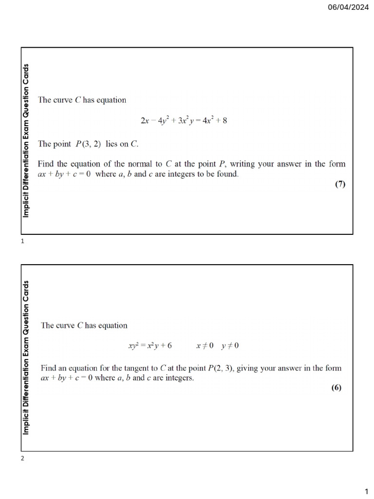 Implicit Differentiation Exam Cards | PDF