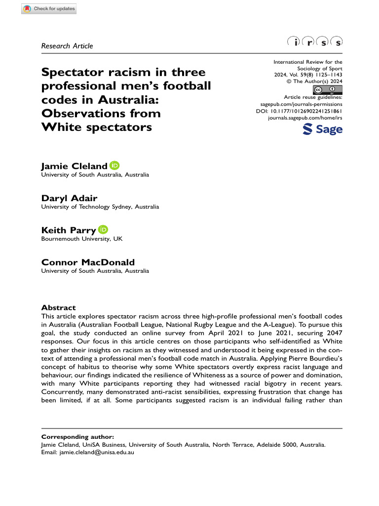 Cleland Et Al 2024 Spectator Racism in Three Professional Men S ...