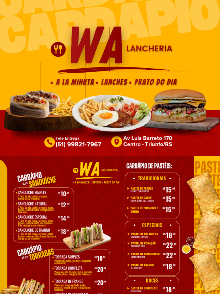 Cardápio Completo da Lancheria WA | PDF | Sanduíche | Cachorro-quente