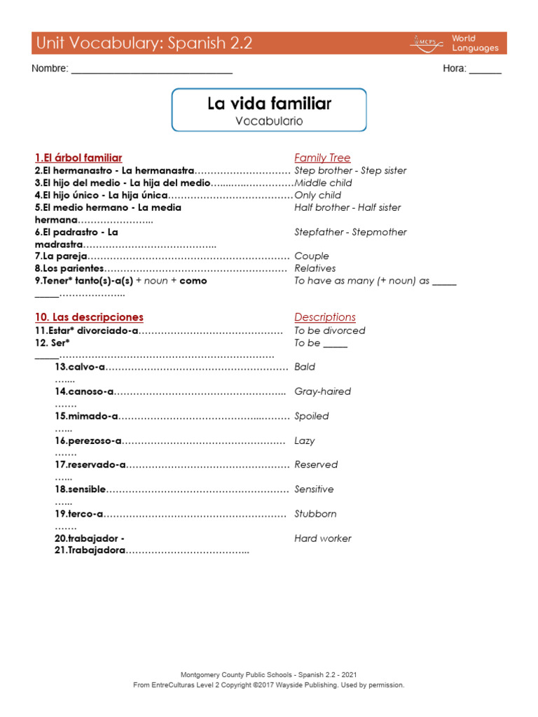 La Vida Familiar: Spanish 2a.vocabulario | PDF | Chess Theory | Chess