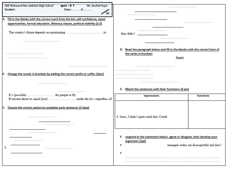 2bac Quiz 1 Term1 | PDF | Linguistic Morphology | Grammar