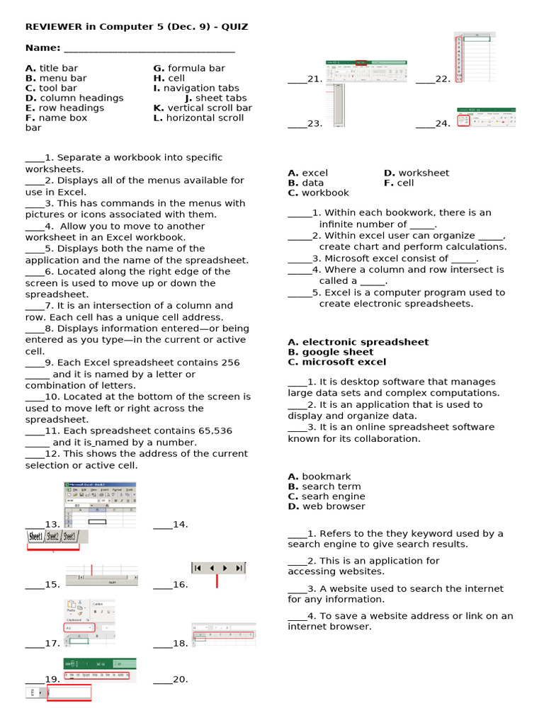 Reviewer in Comp. 5 Dec. 9 Quiz | PDF | Microsoft Excel | Spreadsheet