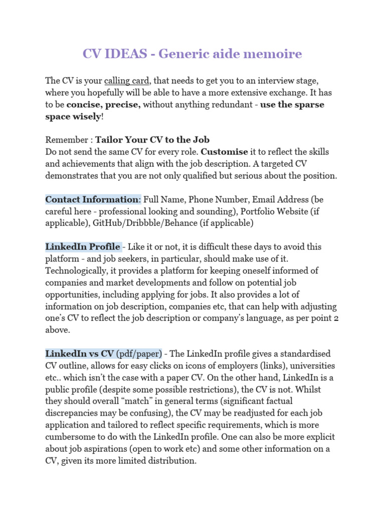 CV IDEAS - Generic Aide Memoire | PDF | Linked In | Employment