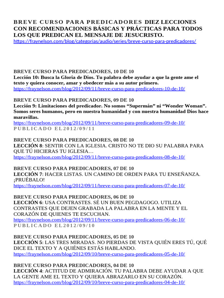 Breve Curso para Predicadores Diez Lecciones Con Recomendaciones ...