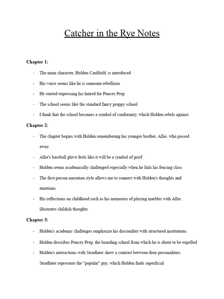 Catcher in the Rye Chapter Summaries | PDF