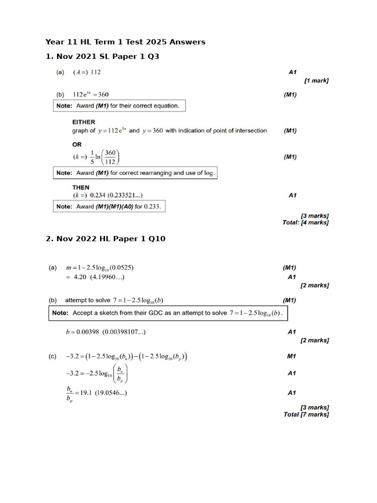 Year 11 HL Maths Term 1 Test 2025 ANSWERS | PDF