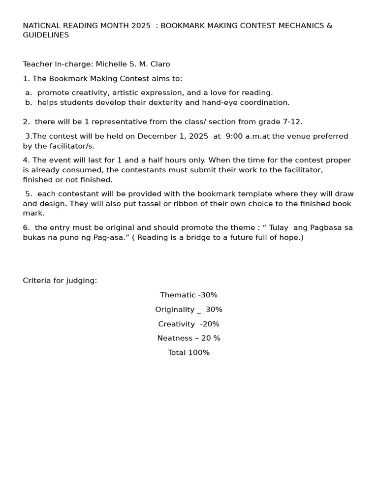Bookmark Contest Guidelines 2025 | PDF